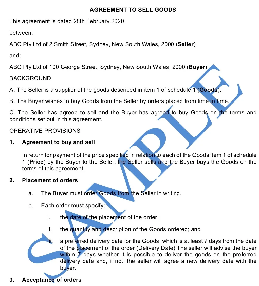 Sale Of Goods Agreement Template
